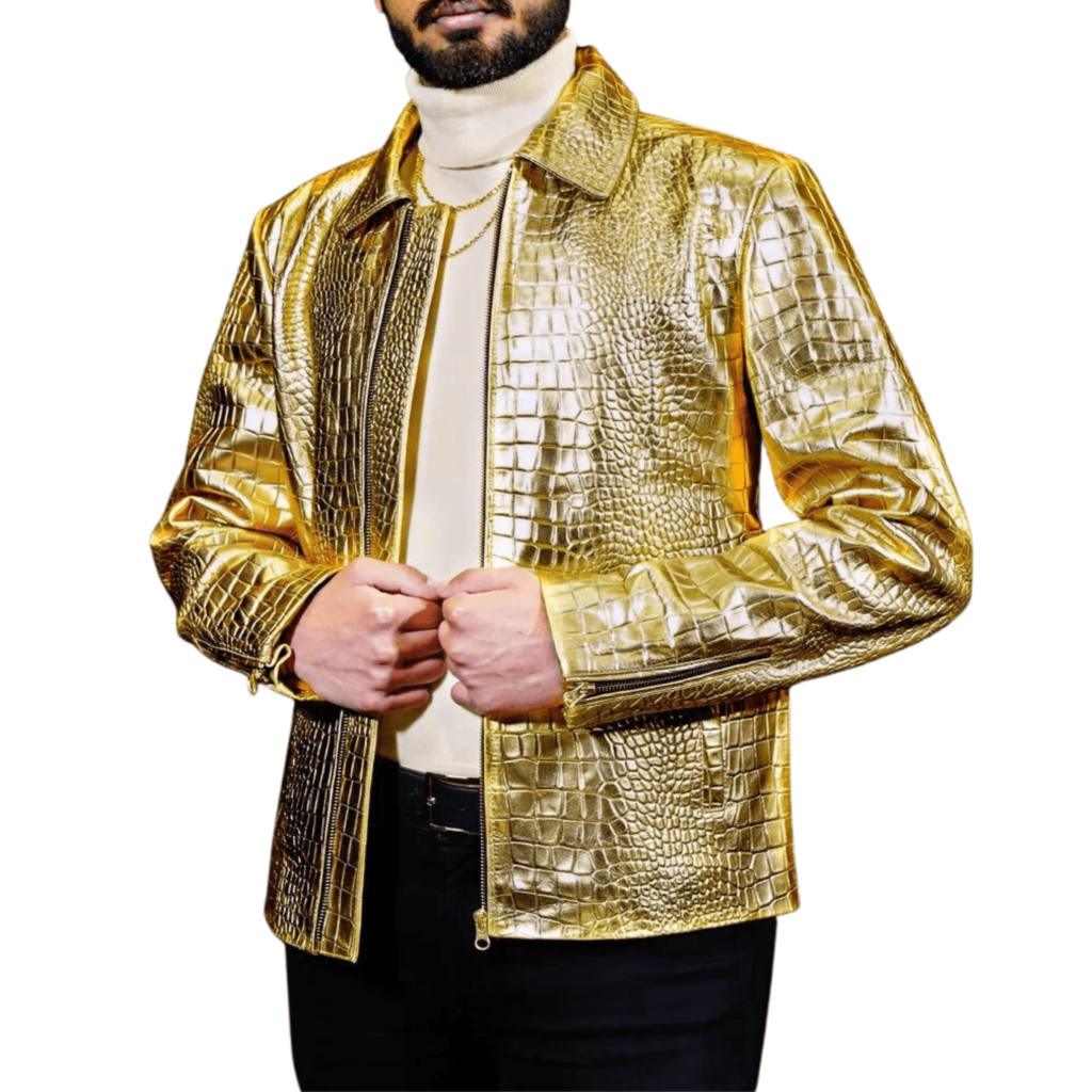 Crocodile Leather Jacket - Men Gold Jacket